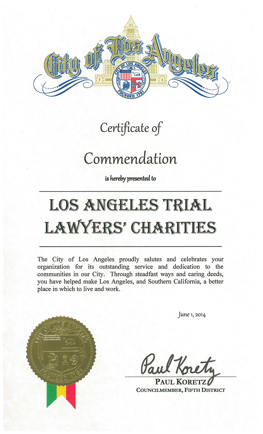 City of Los Angeles Certificate of Commendation - LATLC