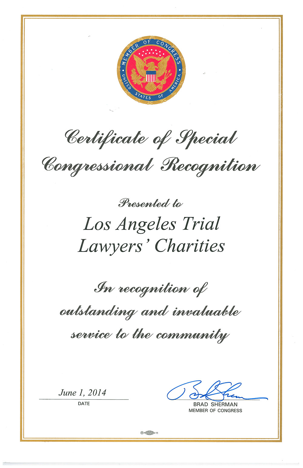 United States Congress Special Certificate of Recognition - LATLC